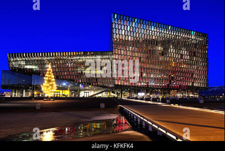 Reykjavik Iceland opera house at night with dramatic lighting lit up ...
