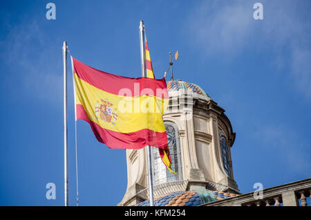 LARGE SPANISH FLAG FLYING ON FLAG POLE WITH BLUE SKY BACKGROUND Stock ...