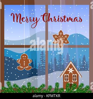Winter landscape with house and decorated fir-tree vector illustration ...