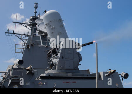 The Phalanx close-in weapon system (CIWS) as mounted on board the ...