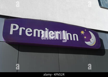 premier inn sign with sleeping moon logo, at a branch of the hotel ...