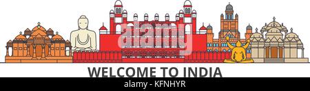 Outline Welcome to India City Skyline with Blue Buildings and ...
