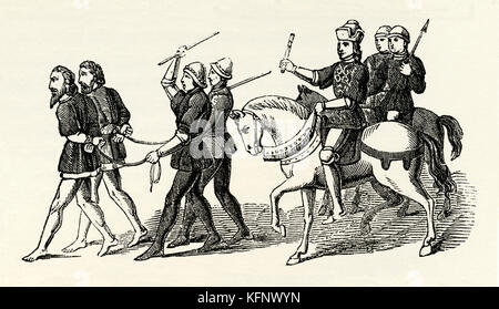 Old Medieval engraving showing criminals or prisoners under armed ...