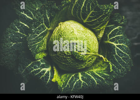 Raw fresh uncooked green cabbage, dark background, square crop Stock ...