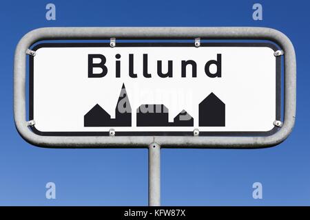 Entrance Sign to Billund, a town in Jutland, Denmark. It is the home of ...