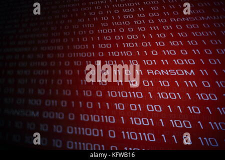 Hacked monitor. Ransomware. Binary digital numbers on red screen with ...