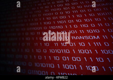 Hacked monitor. Ransomware. Binary digital numbers on red screen with ransom word on screen ...