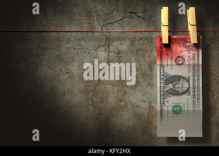 A blood stained dollar bill hang uo to dry. Money laundry concept. 3D ...