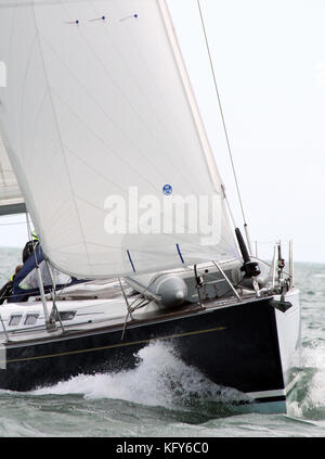 dramatic shot of sailing yacht bearing down at close quarters Stock ...