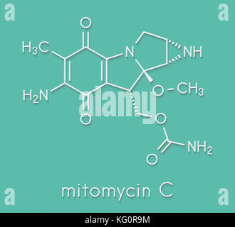 Mitomycin C cancer drug molecule. Atoms are represented as spheres with ...