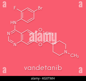 Vandetanib cancer drug molecule (kinase inhibitor). Atoms are ...