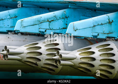 Rocket pods on Mi-24 Hind attack helicopter. The attachments of guns to ...