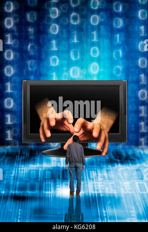 hands coming out of a computer monitor grabbing money, internet fraud ...