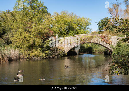 Gapstow Bridge in Central Park in late autumn, early morning on cloudy ...
