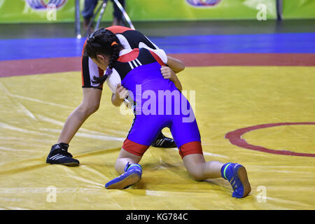 Orenburg, Russia - May 7, 2017: Two boys fighter compete in boxing at ...