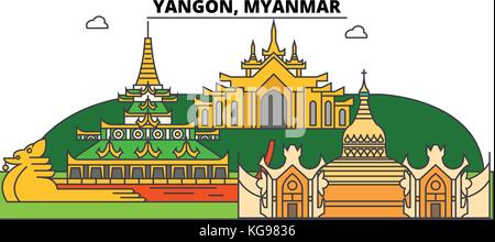 Myanmar, Yangon flat landmarks vector illustration. Myanmar, Yangon ...