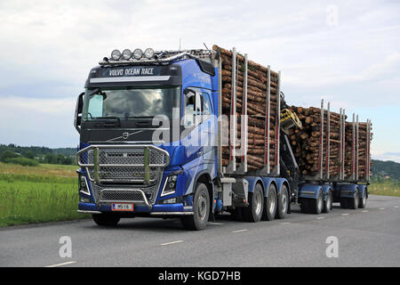SALO, FINLAND - JULY 10, 2015: Scania R500 logging truck with log load ...