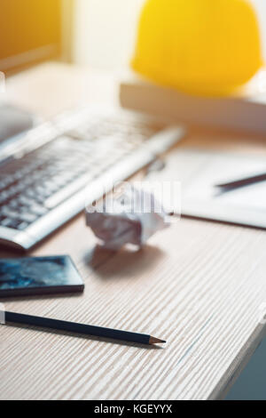 Architecture project failure, crumpled blueprint sketch paper on office ...