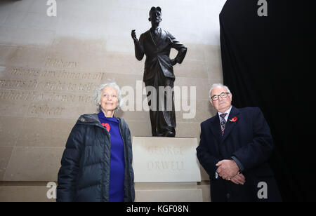 Baroness Whitaker and Richard Blair at the unveiling of a bronze statue ...