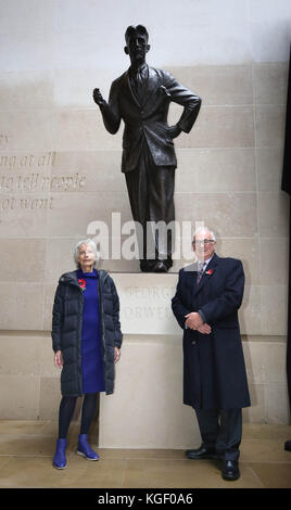Baroness Whitaker and Richard Blair at the unveiling of a bronze statue ...