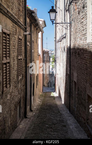 Ostra (Ancona, Marches, Italy): the historic town at morning. Tower ...