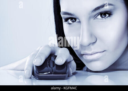 Beautiful cyber woman with computer mouse isolated on white background ...