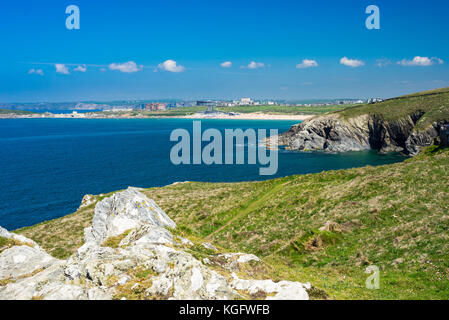 Views towards Fistral beach from East Pentire Newquay Cornwall England ...