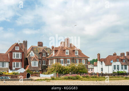 Aldeburgh seafront in Suffolk, England on a sunny day with a big cloud ...