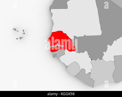 Senegal in red on grey political globe with transparent oceans. 3D ...