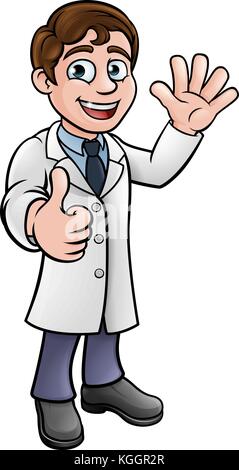 Smiling scientist man waving. Science research shows hello gesture ...