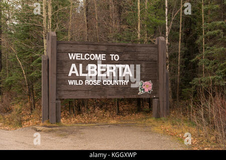 Welcome to Alberta - wild rose country. Welcoming sign to the famous ...