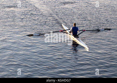 A man rowing a single scull rowboat Stock Photo - Alamy