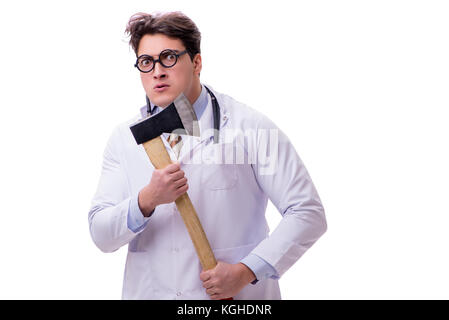 Funny doctor with axe isolated on white Stock Photo - Alamy