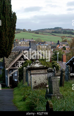 Clun town from St. George`s churchyard, Shropshire, England, UK Stock ...