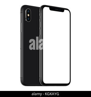 Black rotated smartphones similar to iPhone X mockup front and back ...