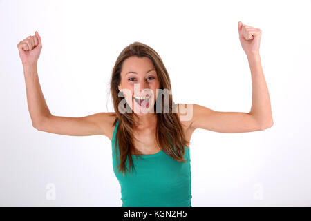 Brunette girl lifting arms up Stock Photo - Alamy