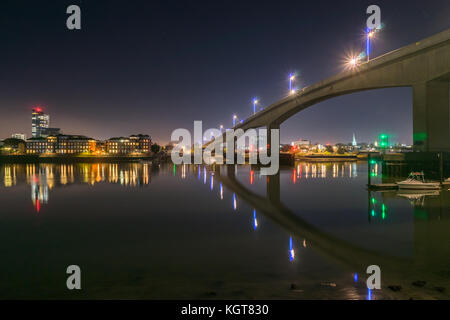 Illuminated Itchen bridge over the Itchen River at night in 2017 ...