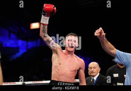 Josh Leather celebrates beating Glenn Foot after their IBF European ...