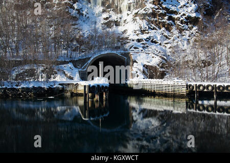 Entrance of the former submarine bunker Olavsvern near Tromsoe, Norway ...