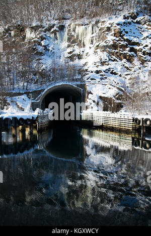Entrance of the former submarine bunker Olavsvern near Tromsoe, Norway ...