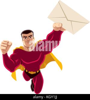 Super fast delivery. Superhero flying with parcel. Order shipping ...
