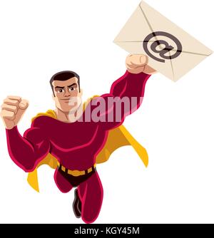 Super fast delivery. Superhero flying with parcel. Order shipping ...