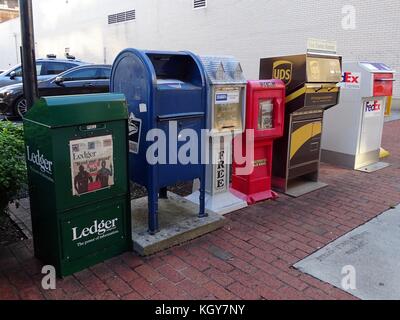 Free newspaper boxes on the street, New York City, America, USA. A ...