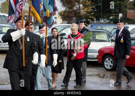 Priti Patel (left) walks with the mayor of Witham JoAnn Williams ...