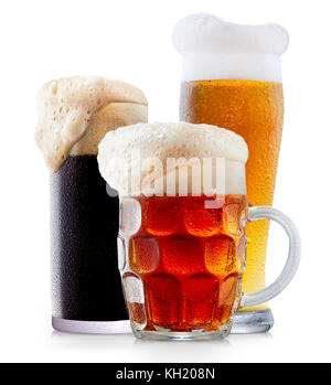 Mug collection of frosty dark red and light beer with foam isolated on ...