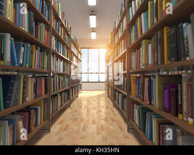 Library stacks of books and bookshelf. 3d illustration Stock Photo - Alamy