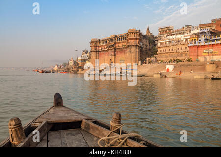 Varanasi city view with old architectural buildings and temples along ...