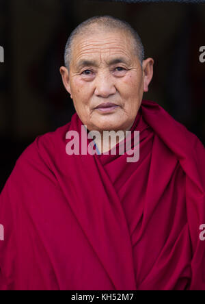 A vertical shot of an Adult Tibetan Buddhist worshiper with a ritual ...
