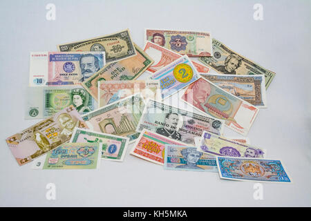 Collage of various old and new international currency banknotes Stock ...