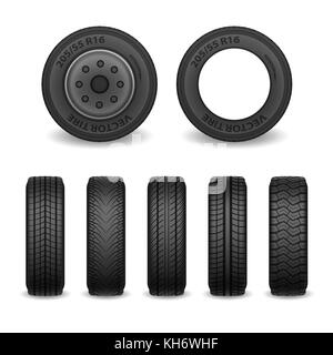 Realistic vector wheel and tires set. Car tires with different tread marks. Vector wheel with ...